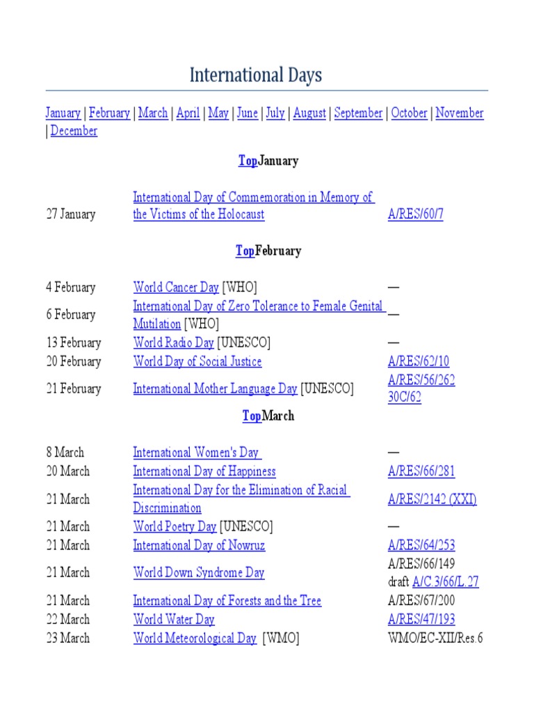 International Days: January | PDF | World Health Organization | United ...