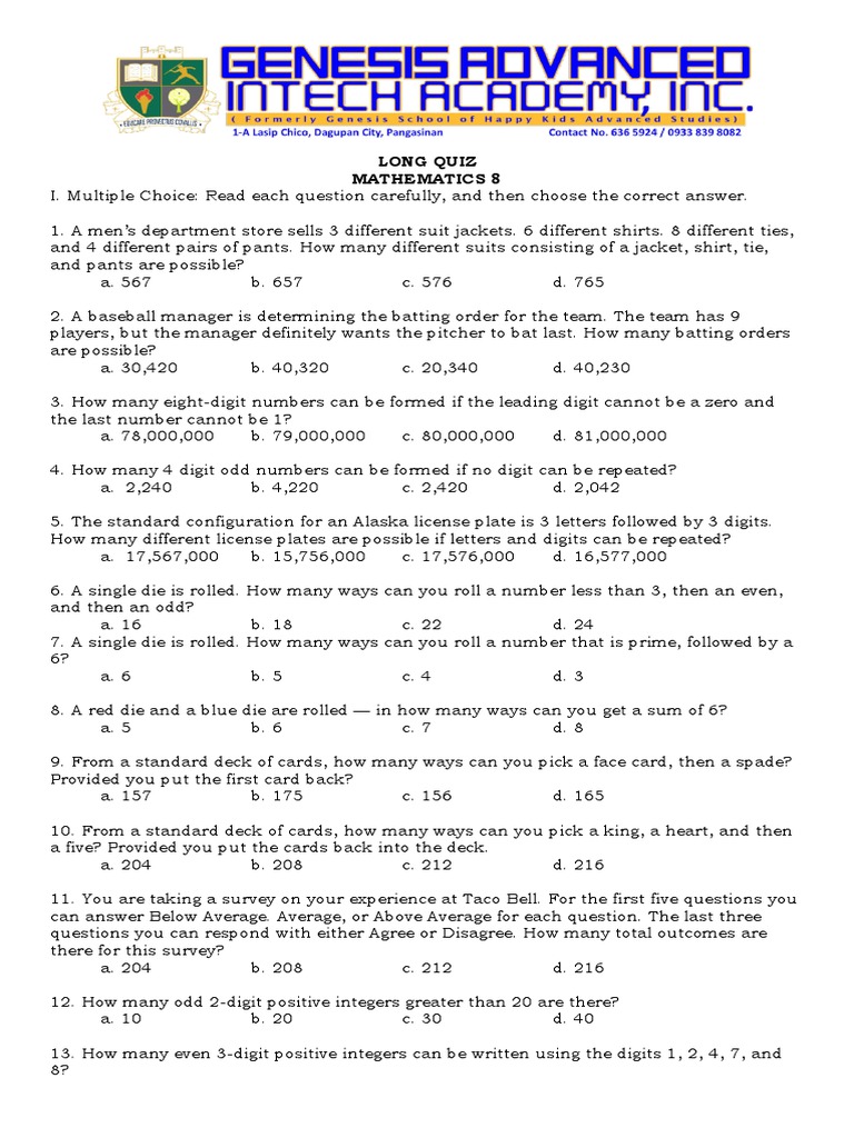 Multiple Choice Mathematics Quiz: Analyzing Probability and ...