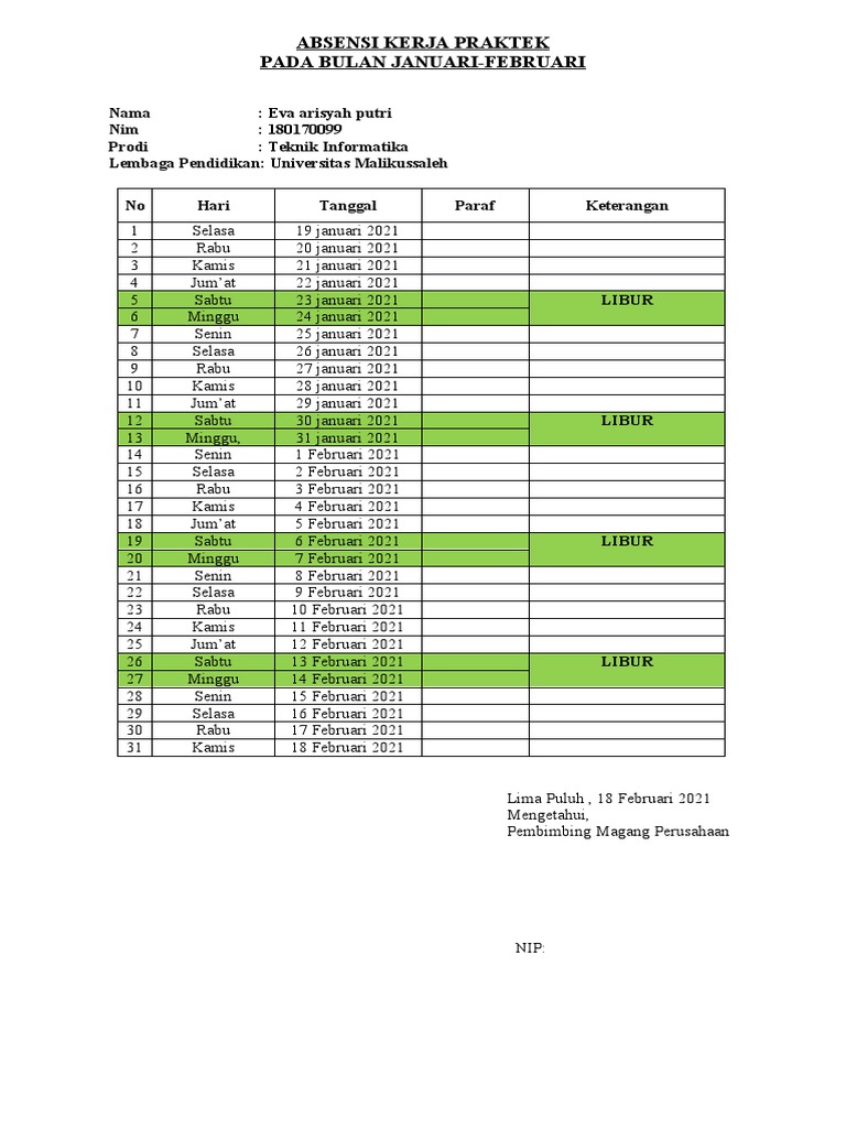 Daftar Hadir KP Kerja Praktek | PDF