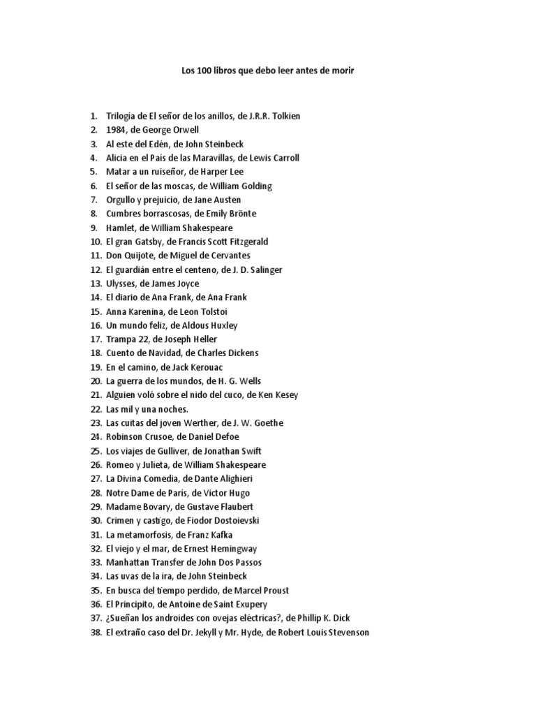 Los 100 Libros Que Debo Leer Antes De Morir Pdf Escritores Novelas