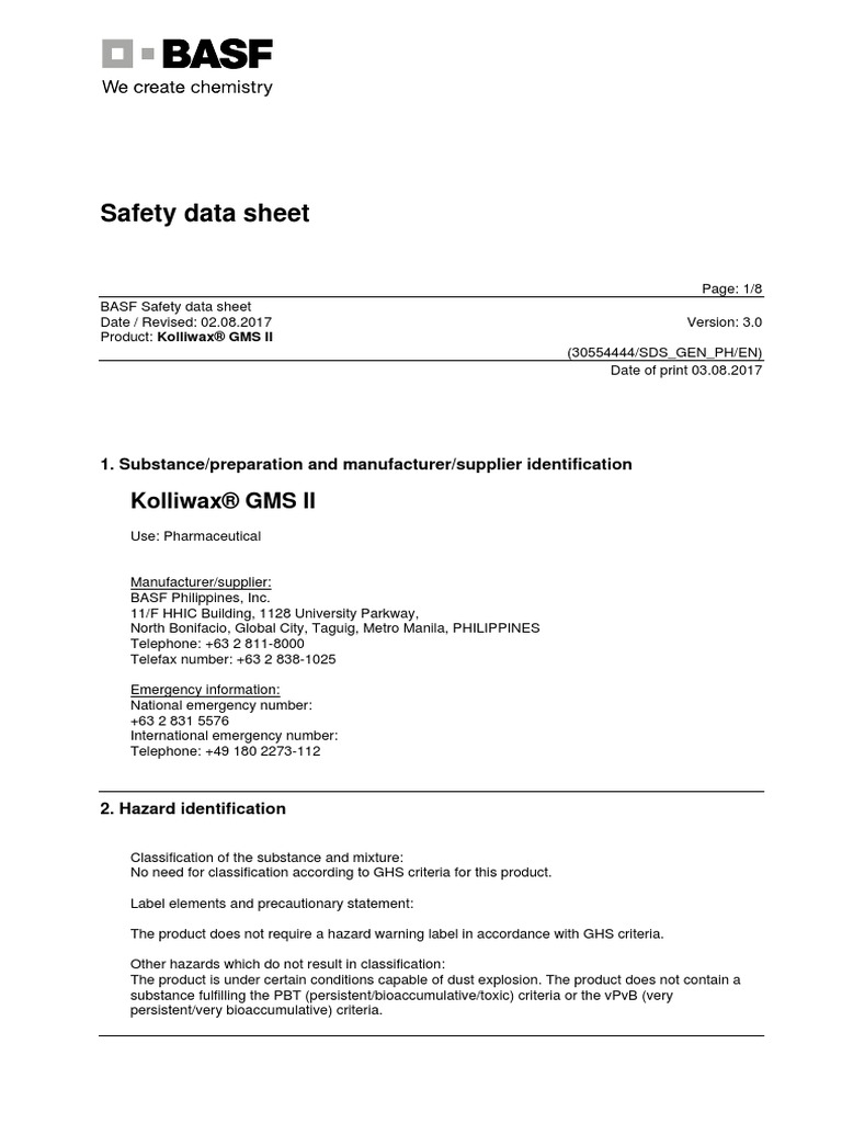 Safety Data Sheet: Kolliwax® GMS II | PDF | Toxicity | Solubility
