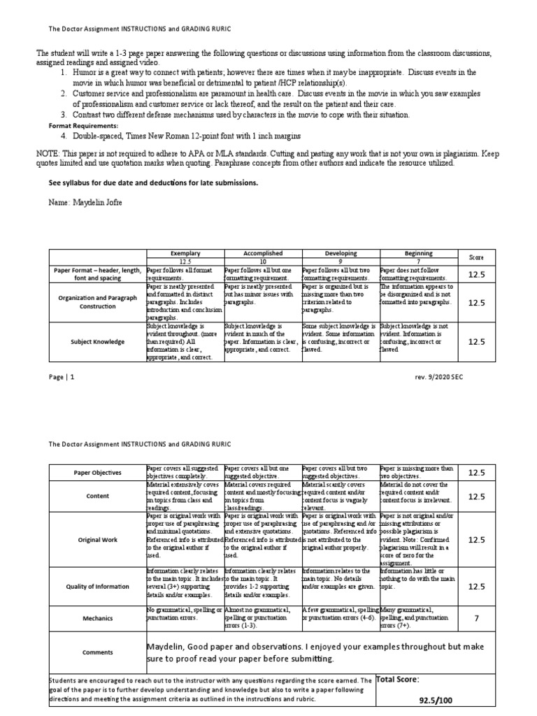Maydelin Jofre The Doctor Assignment Rubric | PDF | Rubric (Academic ...