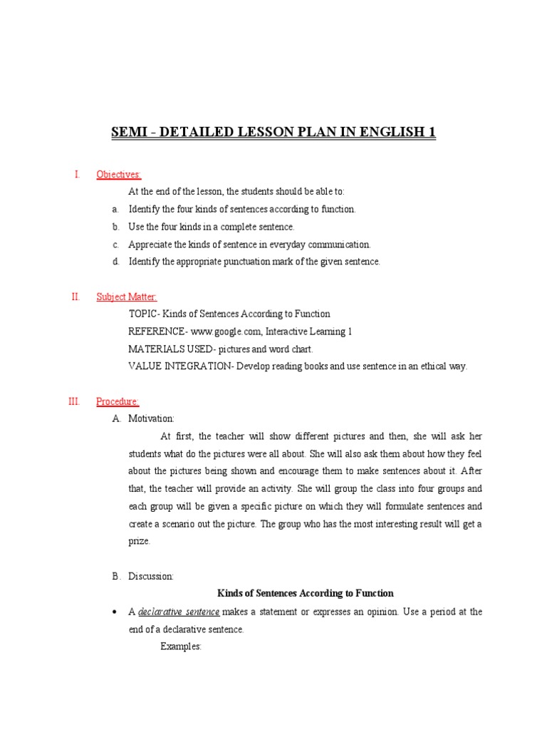 Semi - Detailed Lesson Plan in English 1: I. Objectives | PDF ...