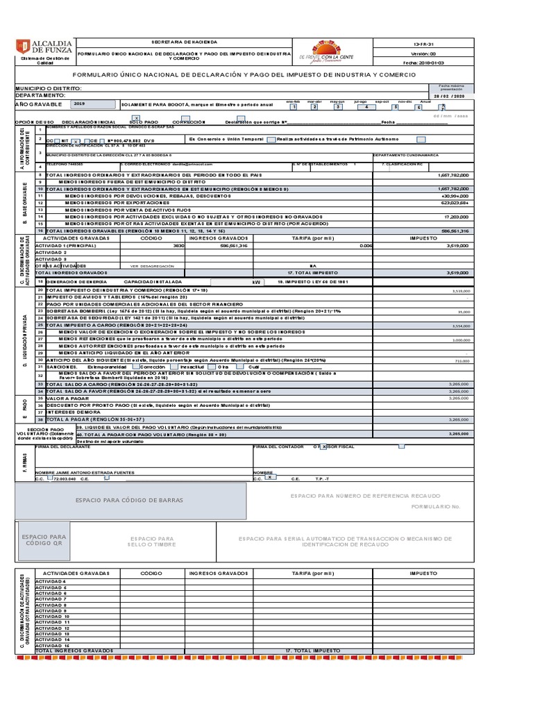 Formulario de Ica Anual 2019 - 25022020 | PDF | Contribuyente | Impuestos