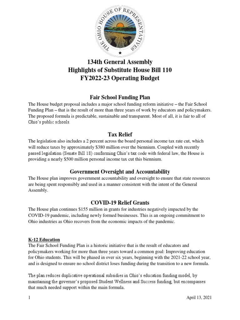 Sub HB 110 Highlights | PDF | Child Care | Relationships