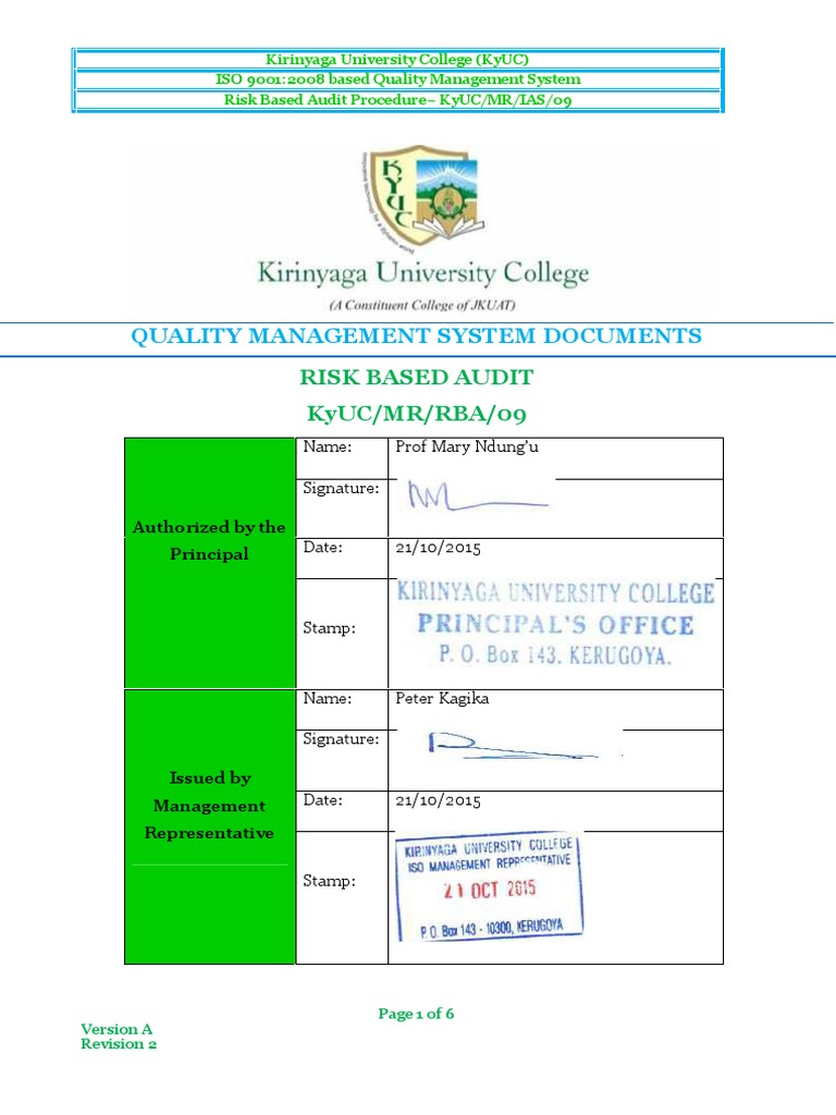 Quality Management System Documents: Risk Based Audit Kyuc/Mr/Rba/09 ...
