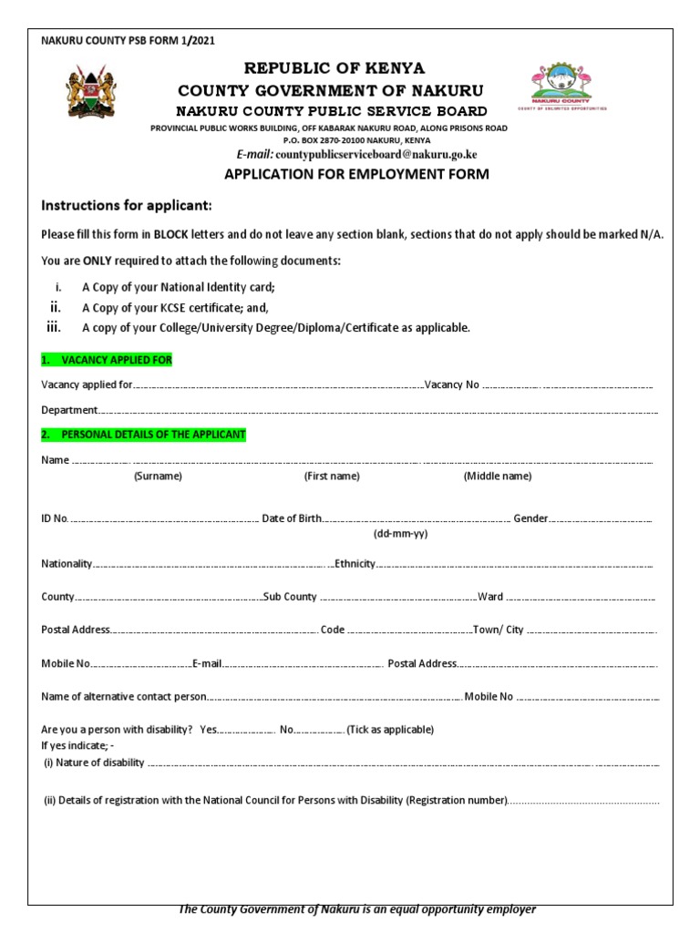 Nakuru County Employment Application Form | PDF | Diploma | Educational ...