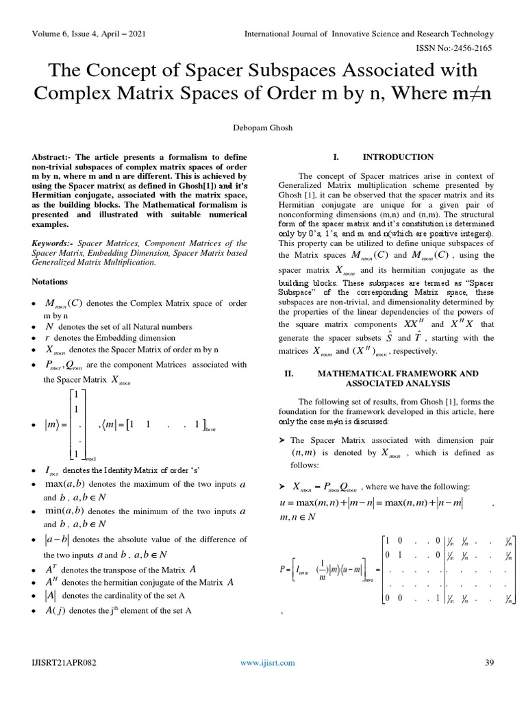 The Concept of Spacer Subspaces Associated With Complex Matrix Spaces of Order M by N, Where M N ...