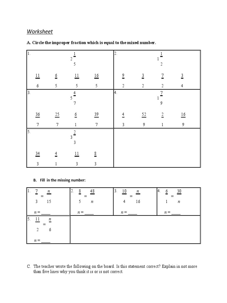 Worksheet: A. Circle The Improper Fraction Which Is Equal To The Mixed ...