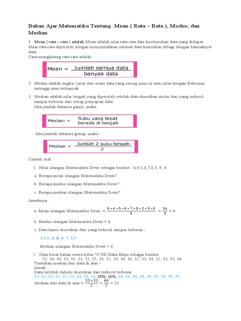 Bahan Ajar Matematika Tentang Mean, Modus, Dan Median | PDF
