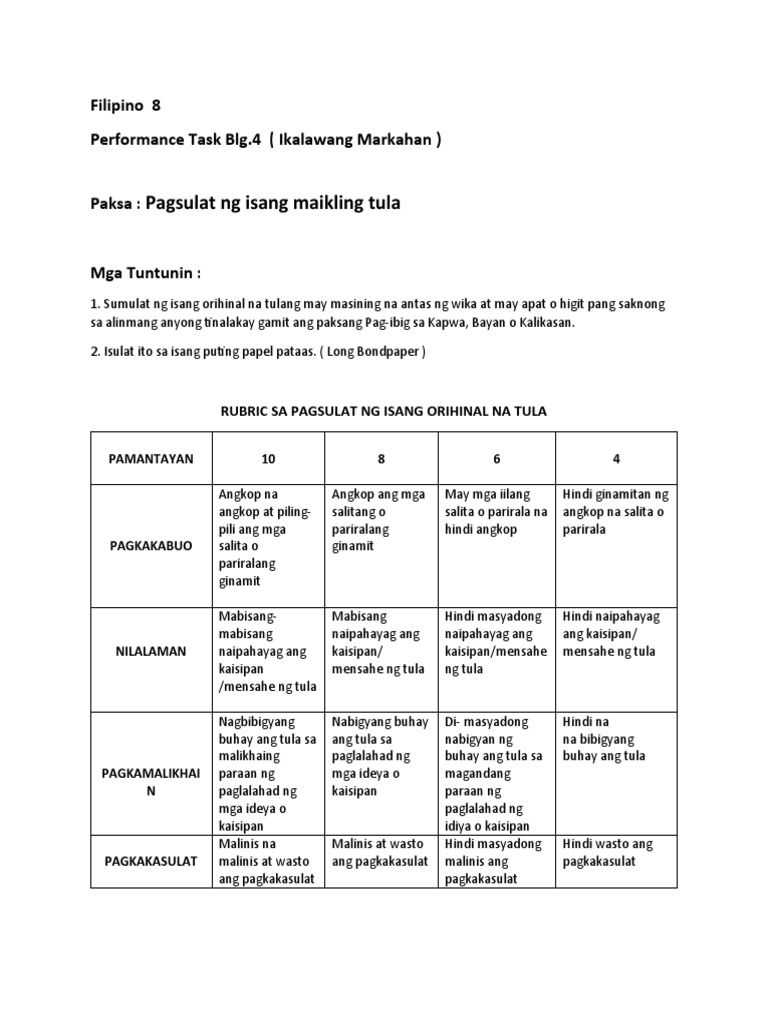 Performance Task Blg.4 Filipino 8 Ikalawang Markahan 1 | PDF