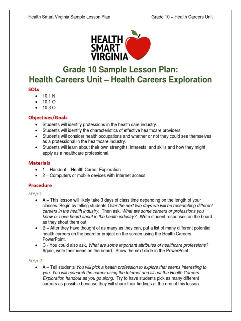 Grade 10 Sample Lesson Plan: Health Careers Unit - Health Careers ...