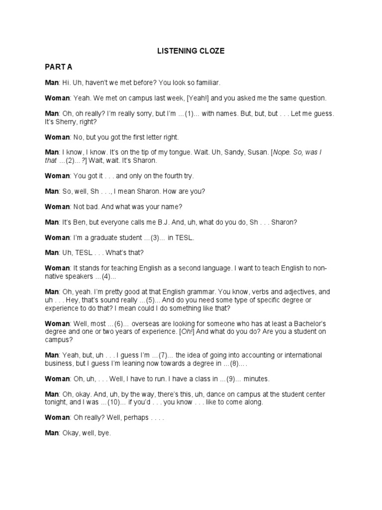 Listening Cloze Part A: That (2) ?) Wait, Wait. It's Sharon | PDF ...