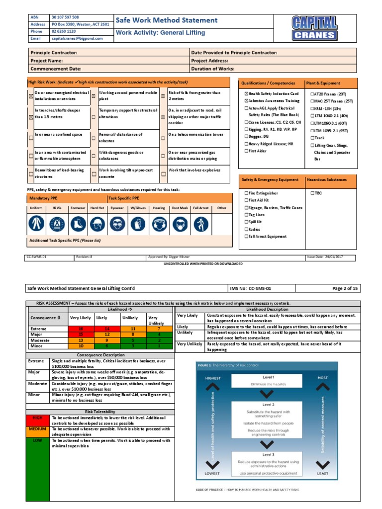 Safe Work Method Statement: Work Activity: General Lifting | Download ...