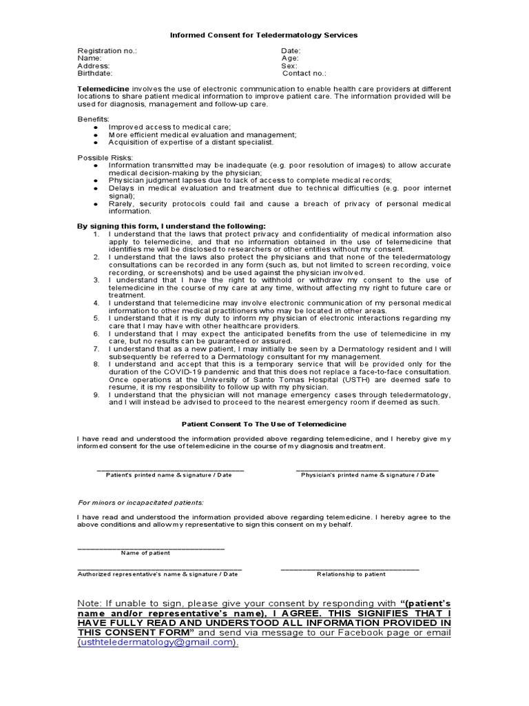 An Informed Consent Form for Telemedicine Services Outlining the ...