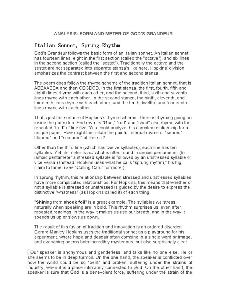 ANALYSIS of God's Grandeur | PDF | Sonnets | Metre (Poetry)