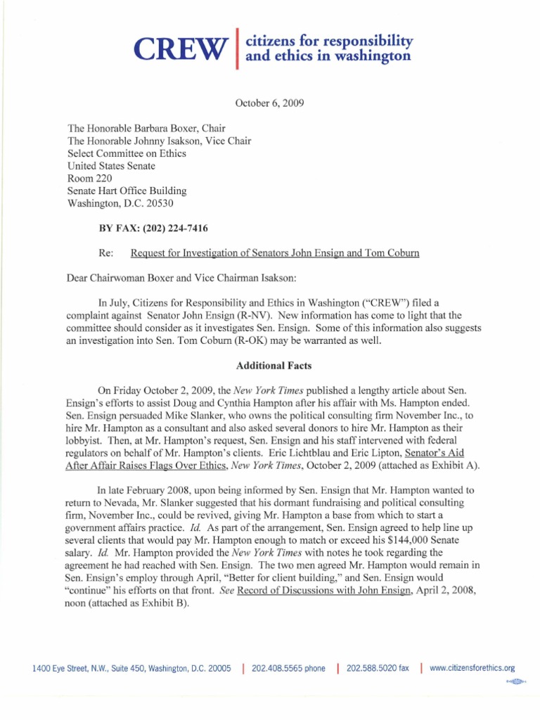 CREW: Senate Ethics Committee: John Ensign FEC Complaint: 10/6/2009 ...