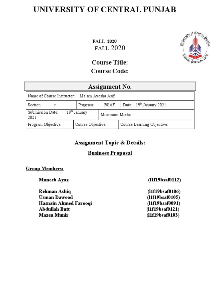 Course Title: Course Code: Assignment No.: Assignment Topic & Details ...