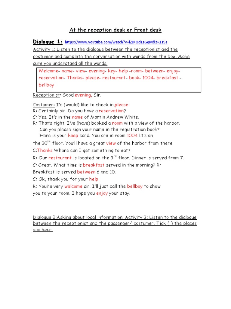 Dialogue 1:: at The Reception Desk or Front Desk | PDF | Hotel And ...