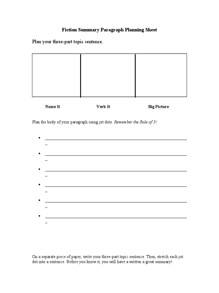 Plan Your Three-Part Topic Sentence.: Fiction Summary Paragraph Planning Sheet | PDF | Finance ...