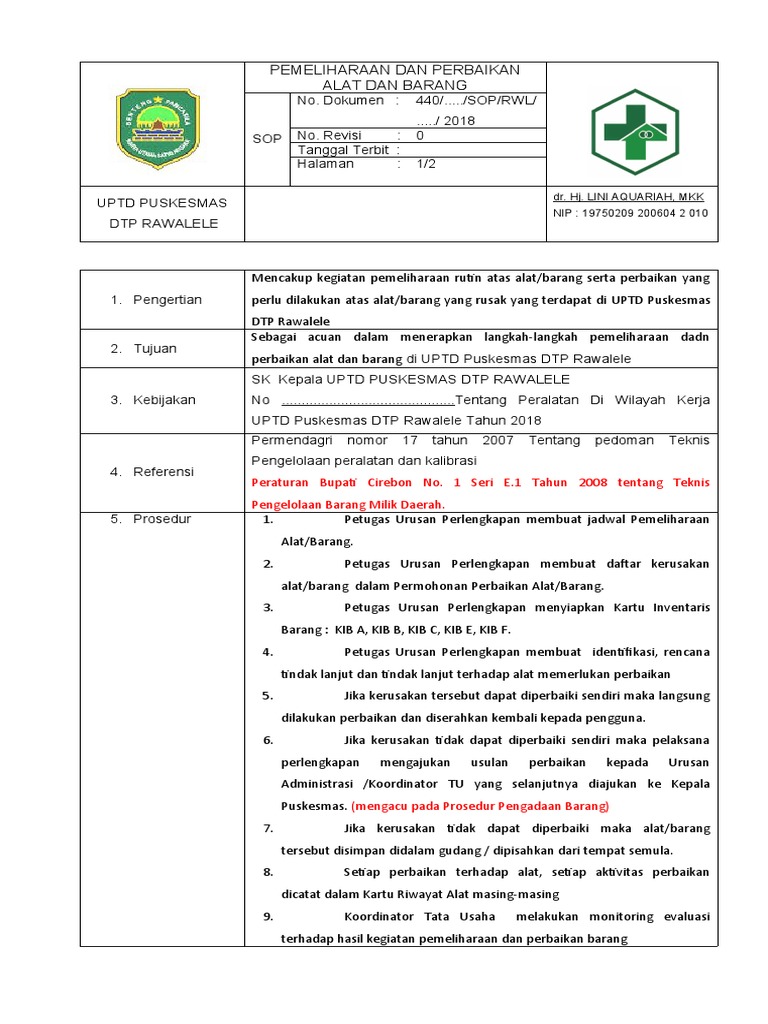 8.6.2.5 Sop Pemeliharaan Dan Perbaikan Alat Dan Barang | PDF