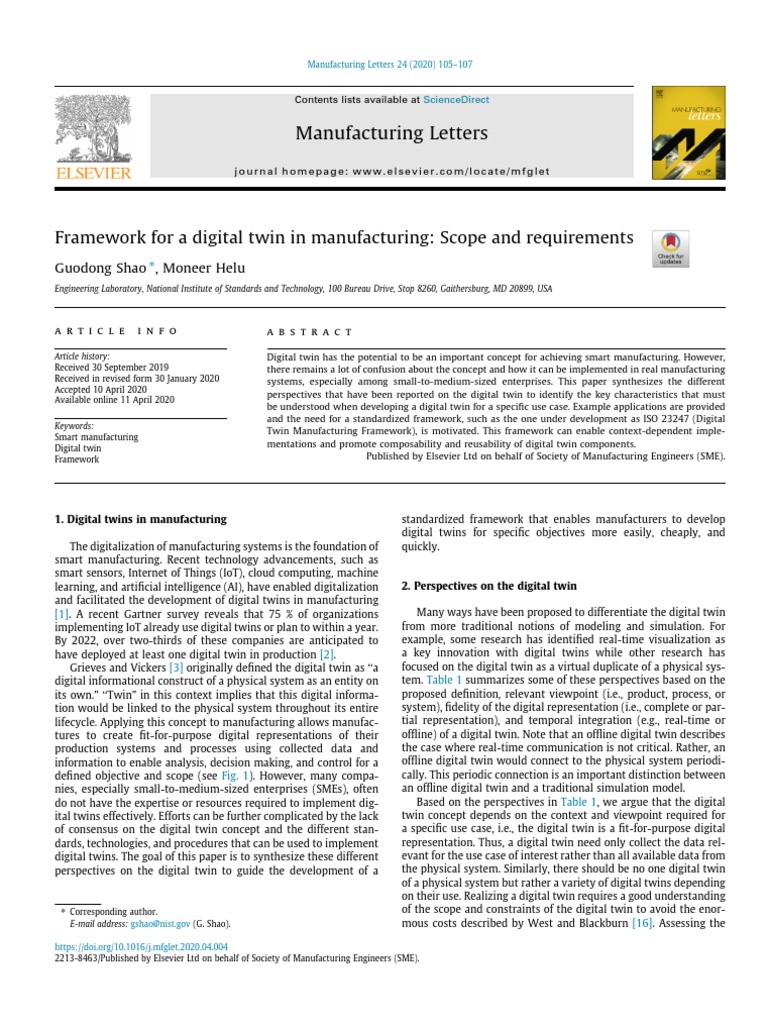 Framework For A Digital Twin in Manufacturing Scope and Requirements ...