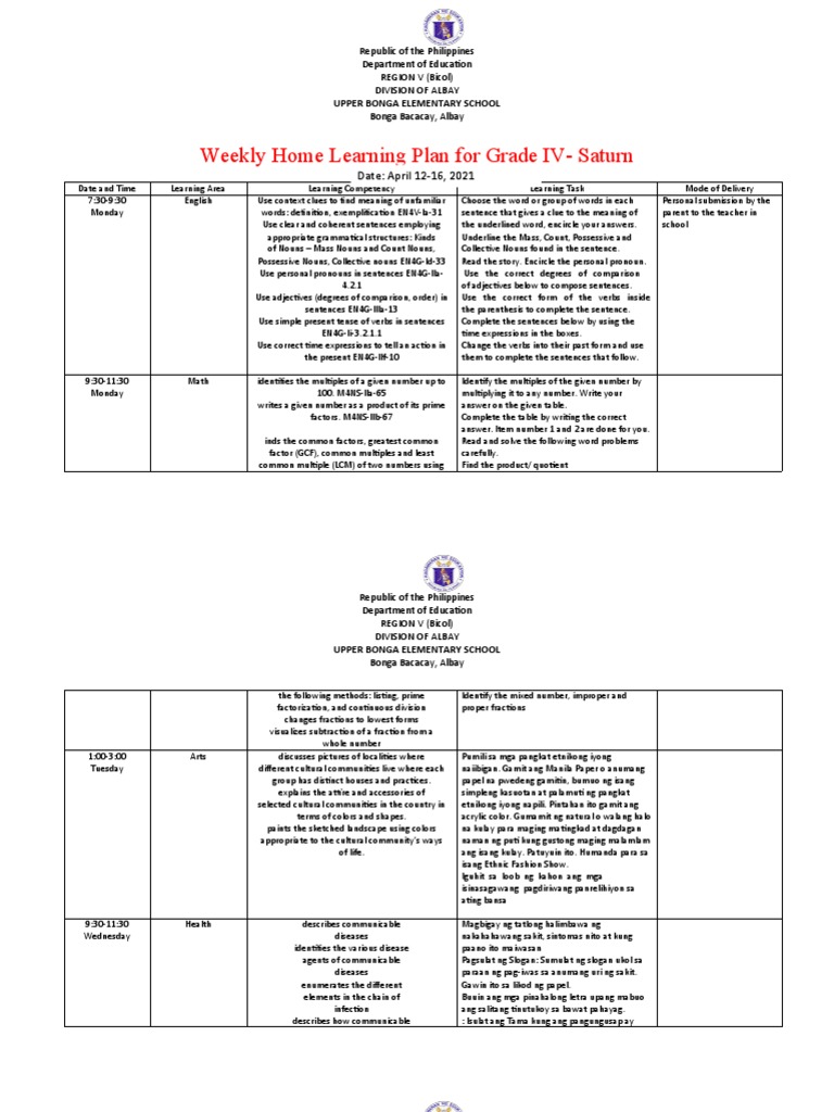 Weekly Home Learning Plan For Grade IV-Saturn: Date: April 12-16, 2021 ...