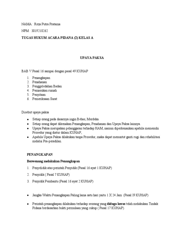 Resume Upaya Paksa Hapid A Reza Putra Pratama 3019210262 | PDF