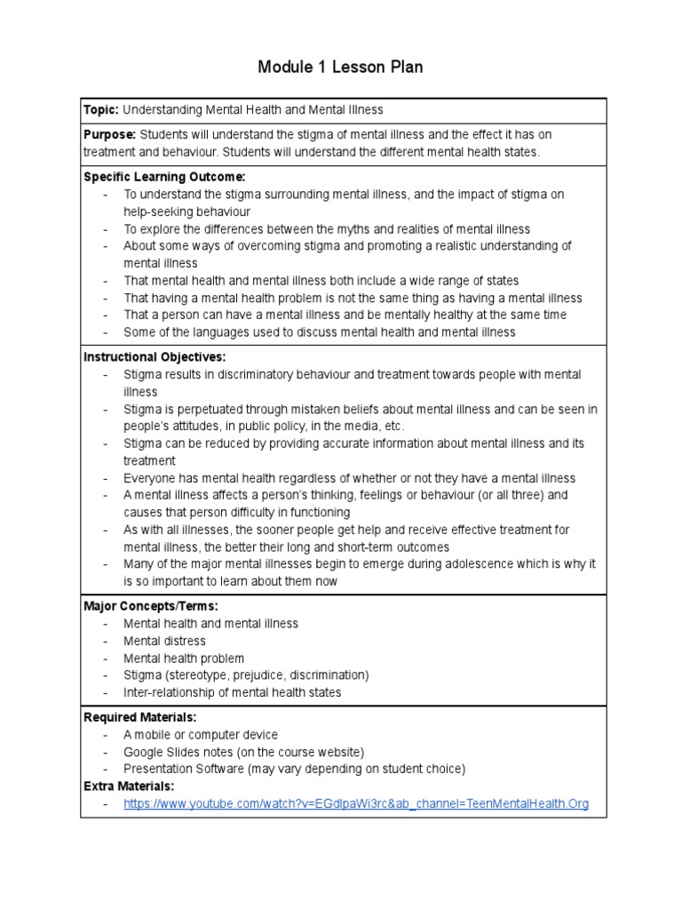 Module 1 Lesson Plan | PDF | Social Stigma | Mental Disorder