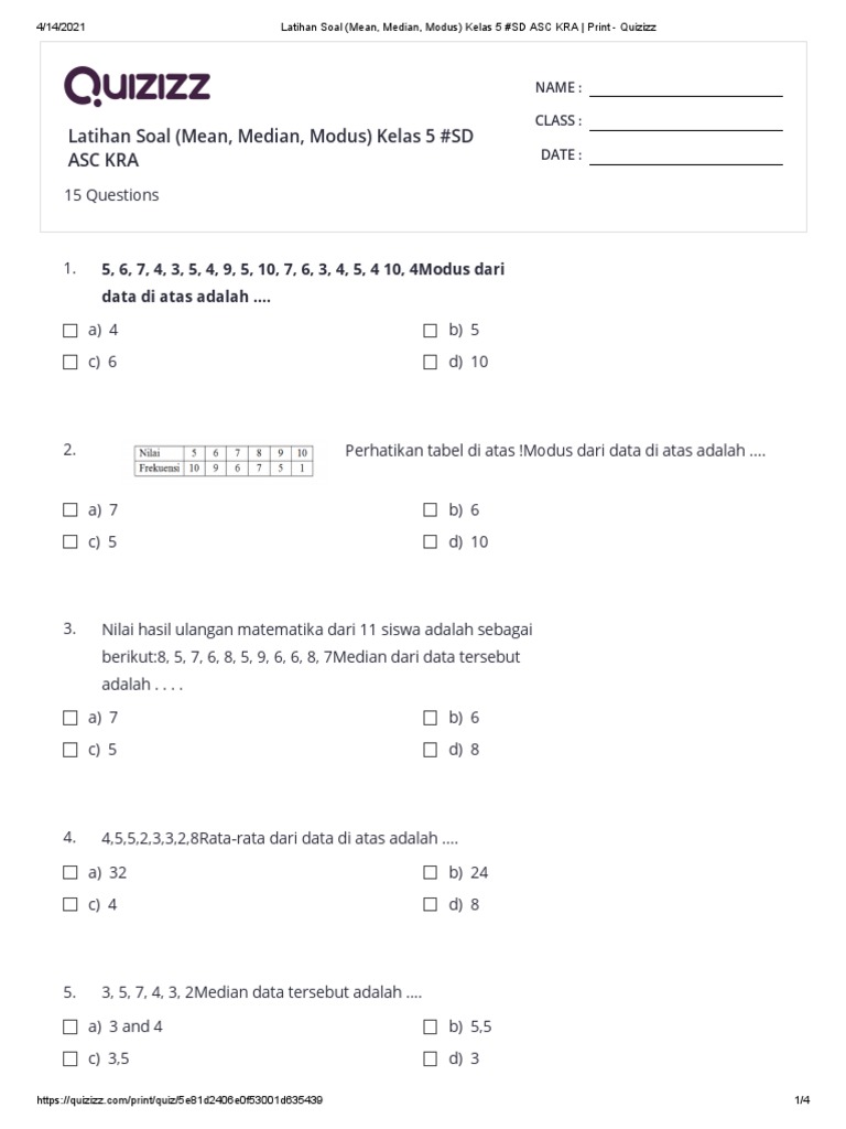 Latihan Soal (Mean, Median, Modus) Kelas 5 #SD ASC KRA - Print ...