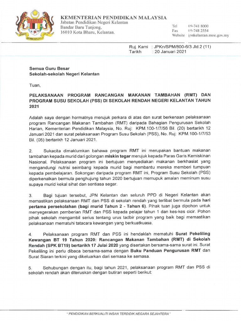 Surat Makluman RMT Dan PSS 2021 | PDF
