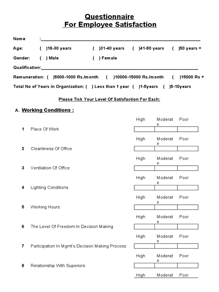 Questionnaire For Employee Satisfaction: Working Conditions | PDF ...