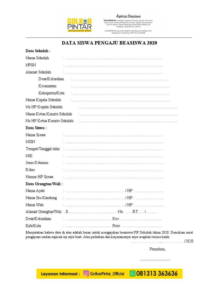 Contoh Formulir Pengajuan Beasiswa PIP | PDF | Karier & Perkembangan