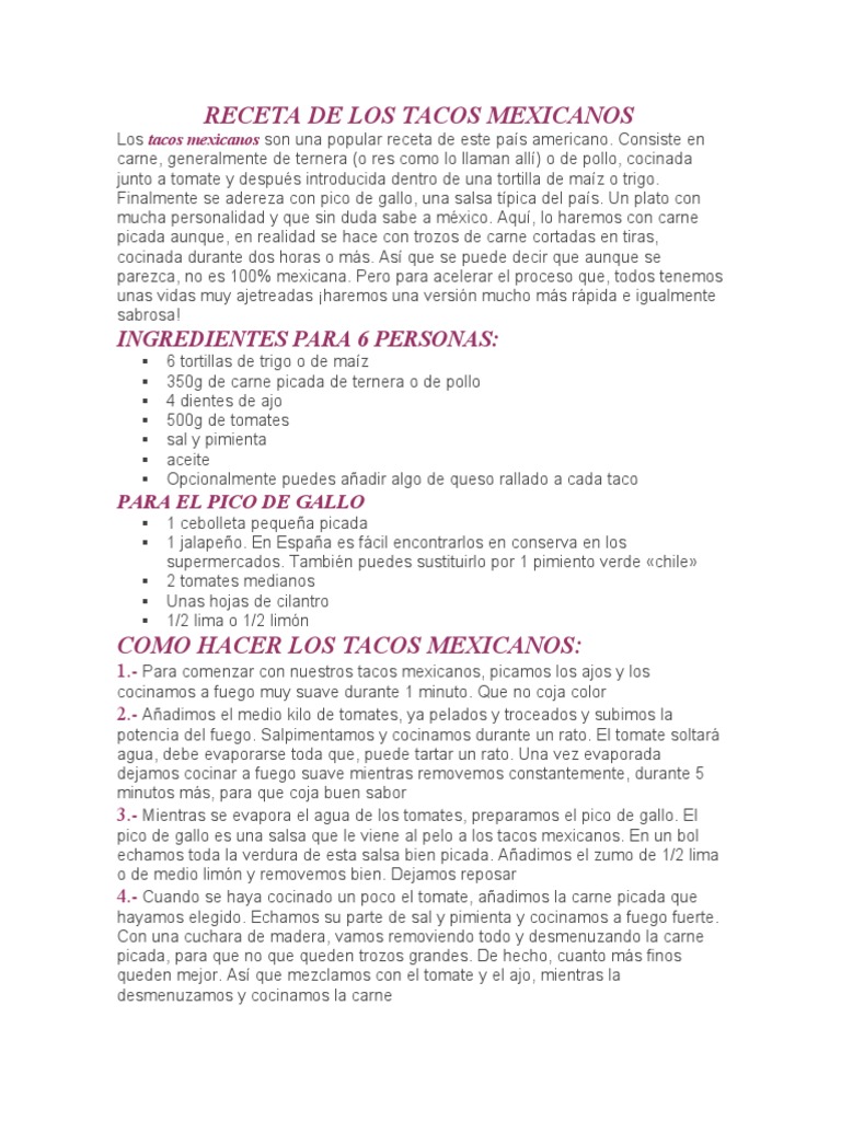 Receta de Los Tacos Mexicanos | PDF | Taco | Salsa
