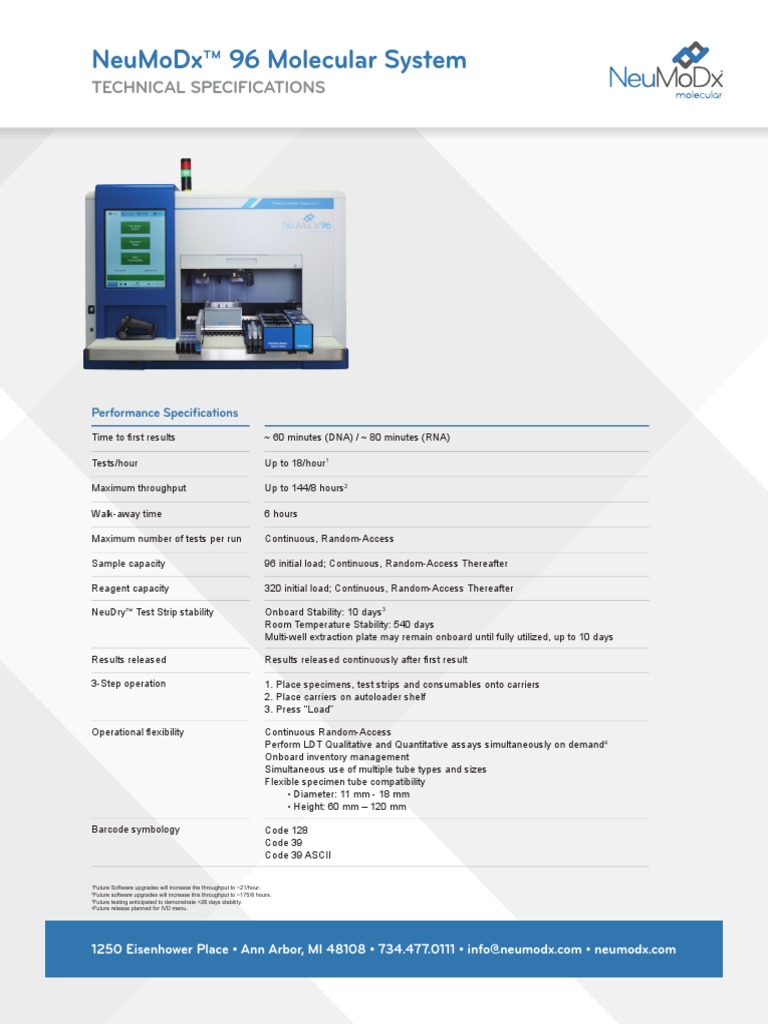 NeuMoDx 96 Spec Sheet | PDF | Chemistry | Applied And Interdisciplinary ...