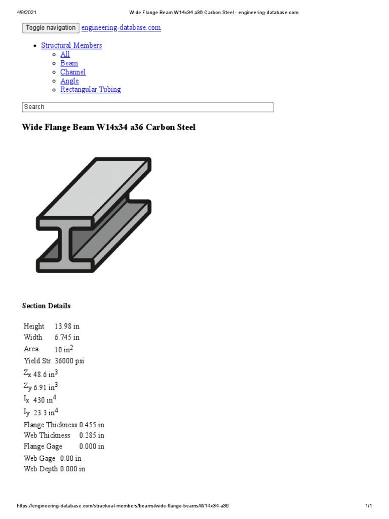Specifications and Dimensions of a Wide Flange W14x34 Carbon Steel Beam ...