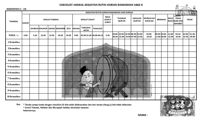 Checklist Kegiatan Rutin Harian 10 Ramadhan Awal 1442 H | PDF