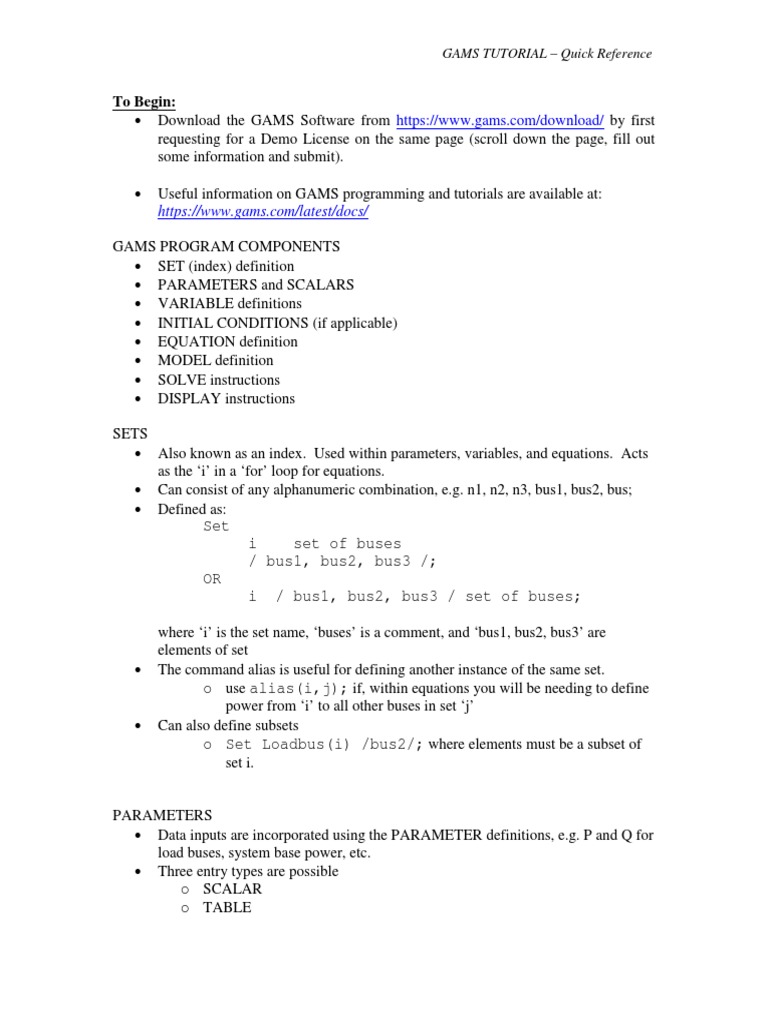 Gams Tutorial Quick Reference Pdf Summation Linear Programming 