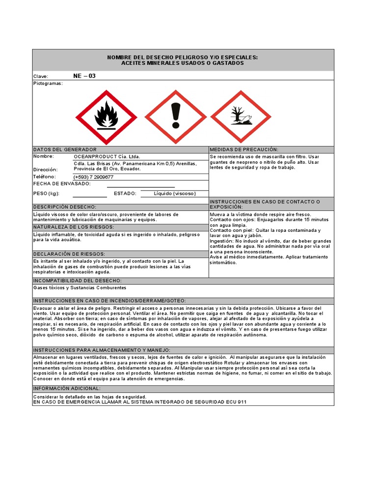 Etiqueta Aceites Usados NE-03 | PDF | Agua | Química