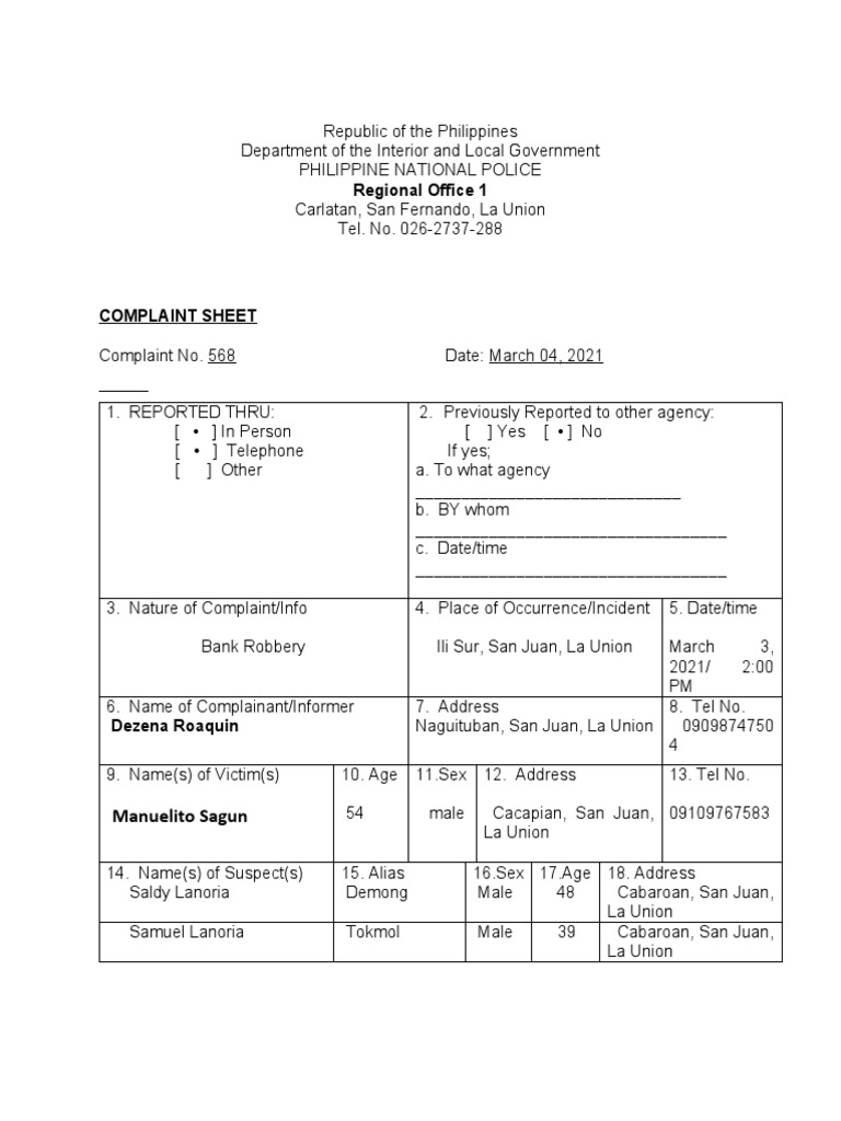 Sample Format of Complaint Sheet (Other Crimes) | Download Free PDF ...
