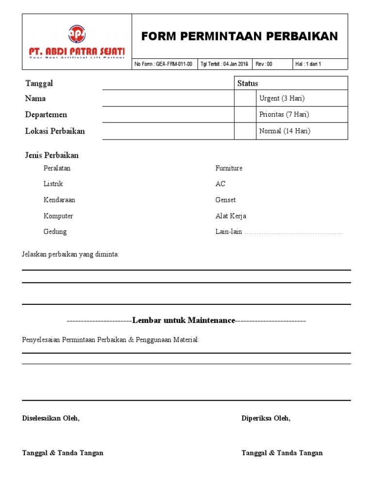 GEA-FRM-011-00 Form Permintaan Perbaikan | PDF