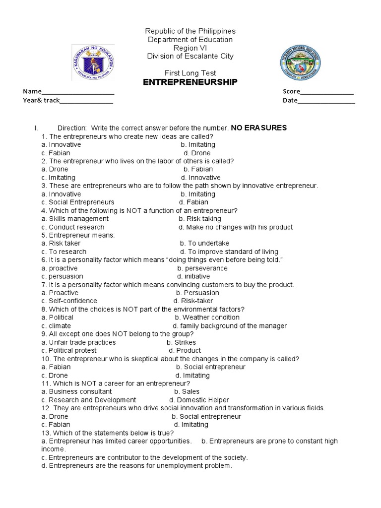 1st Long Test Entrepreneurship Week 1-4 | PDF | Social Entrepreneurship ...