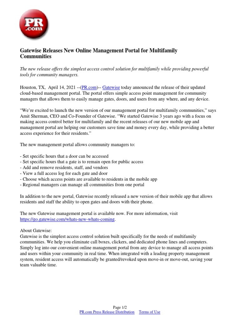 Gatewise Releases New Online Management Portal For Multifamily ...