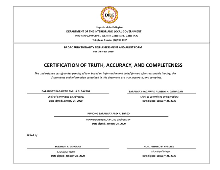Certification of Truth, Accuracy, and Completeness | PDF