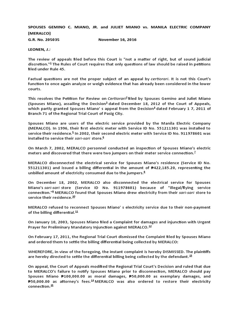 Sps. Miano vs. MERALCO | PDF | Appeal | Question Of Law