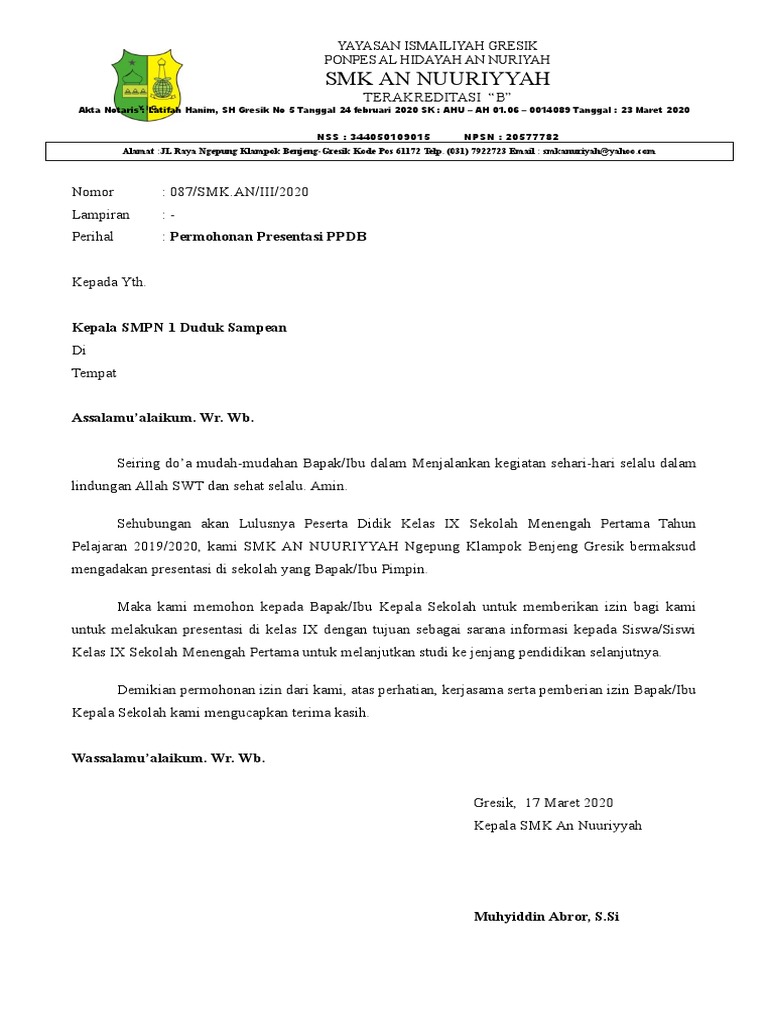 Surat Permohonan PPDB Lembaga | PDF