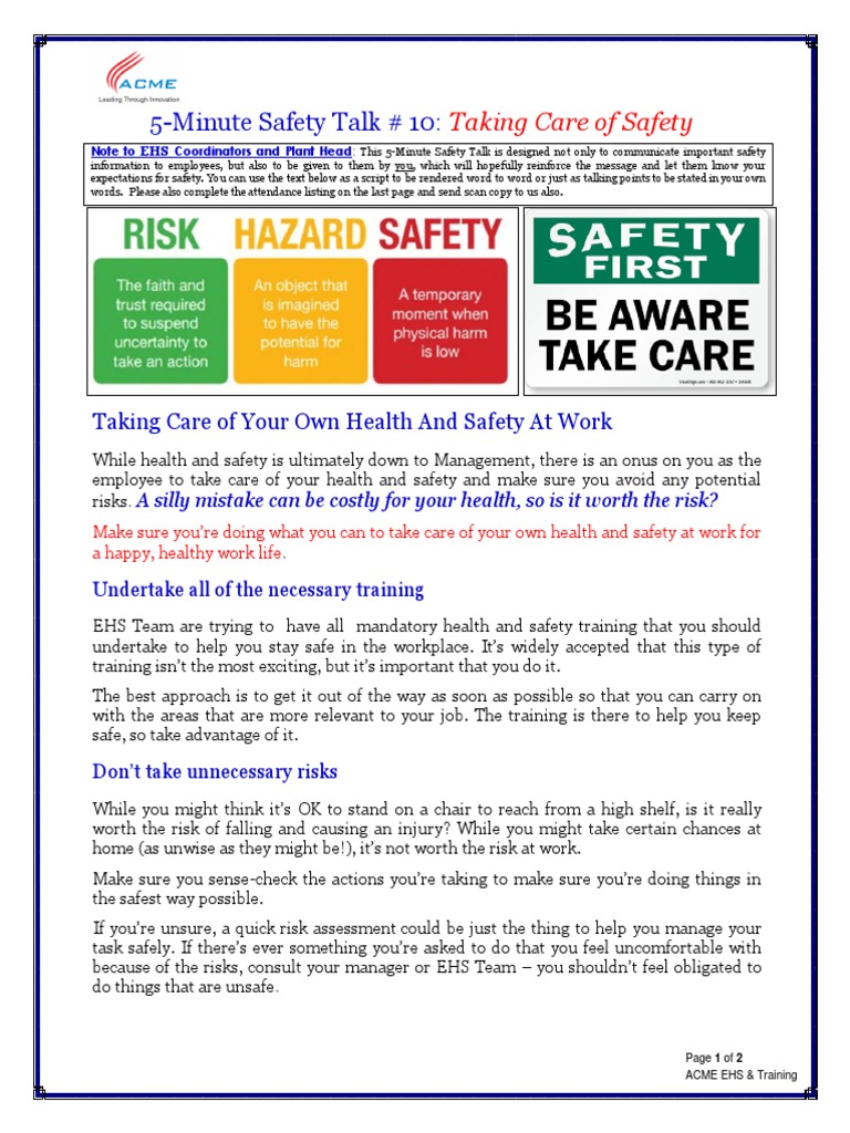 5-Minute Safety Talk #10 Takes Care of Safety | PDF | Risk ...