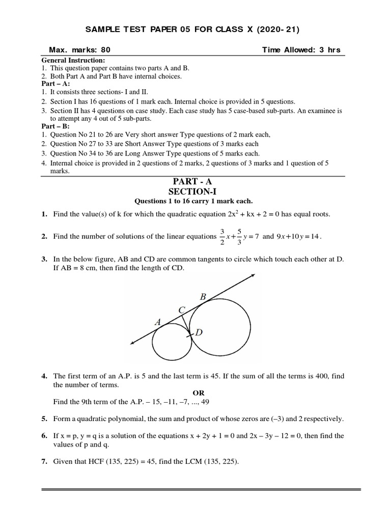 Sample Test Paper 05 For Class X (2020-21) : Part - A Section-I | PDF ...