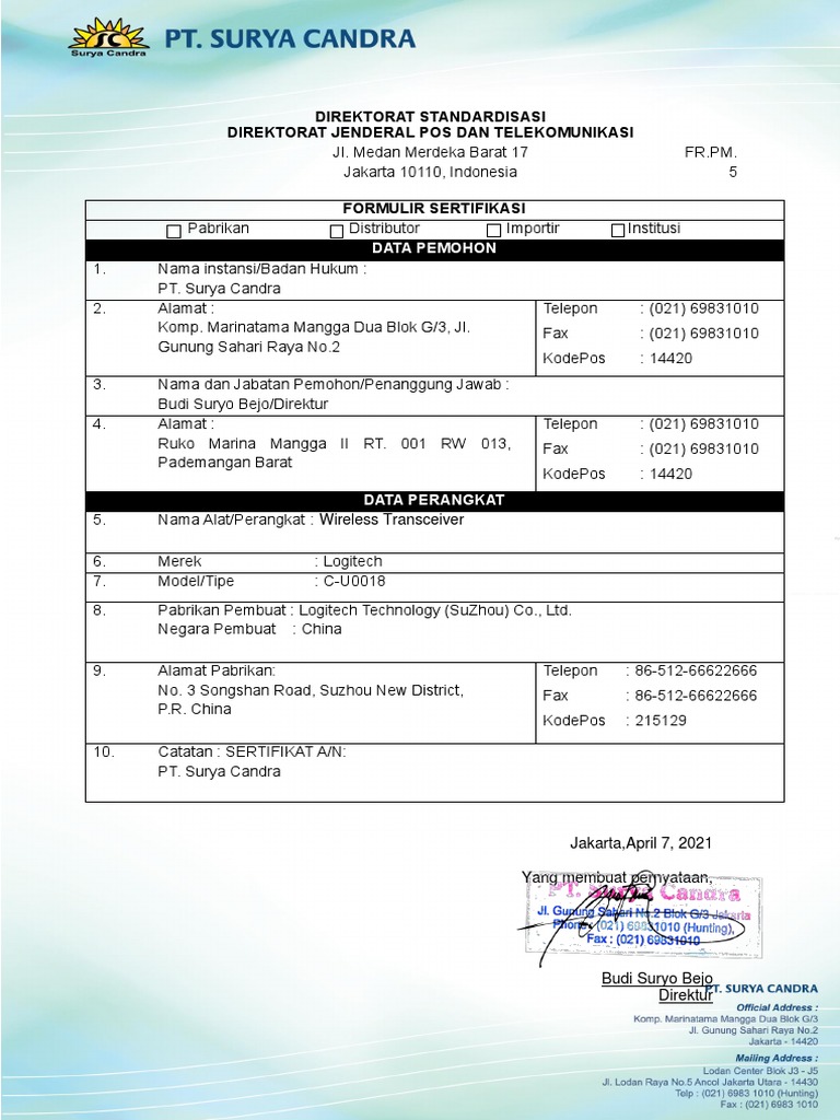 Indonesia SDPPI Aplikasi Baru (SDoC Scheme) C-U0018 | PDF | Bisnis