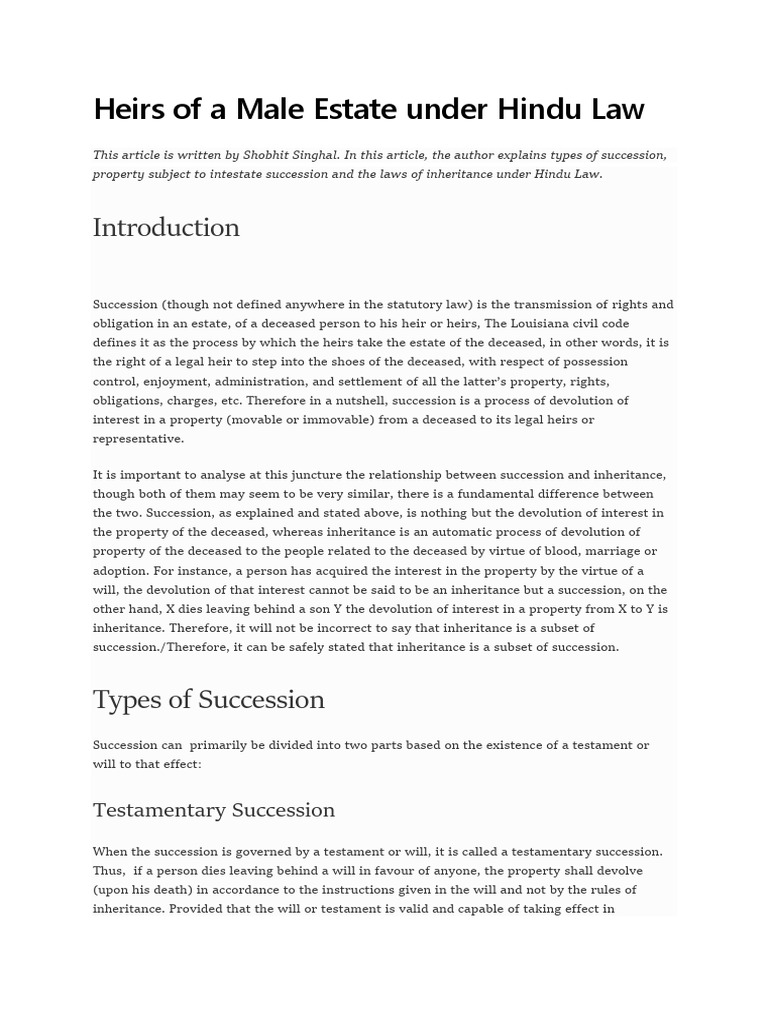 Heirs of A Male Estate Under Hindu Law | PDF | Will And Testament ...